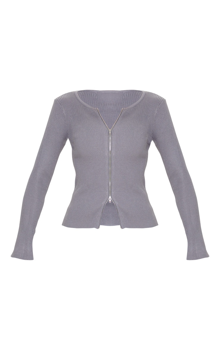 Charcoal Grey Zip Front Knit Top | Knitwear | PrettyLittleThing