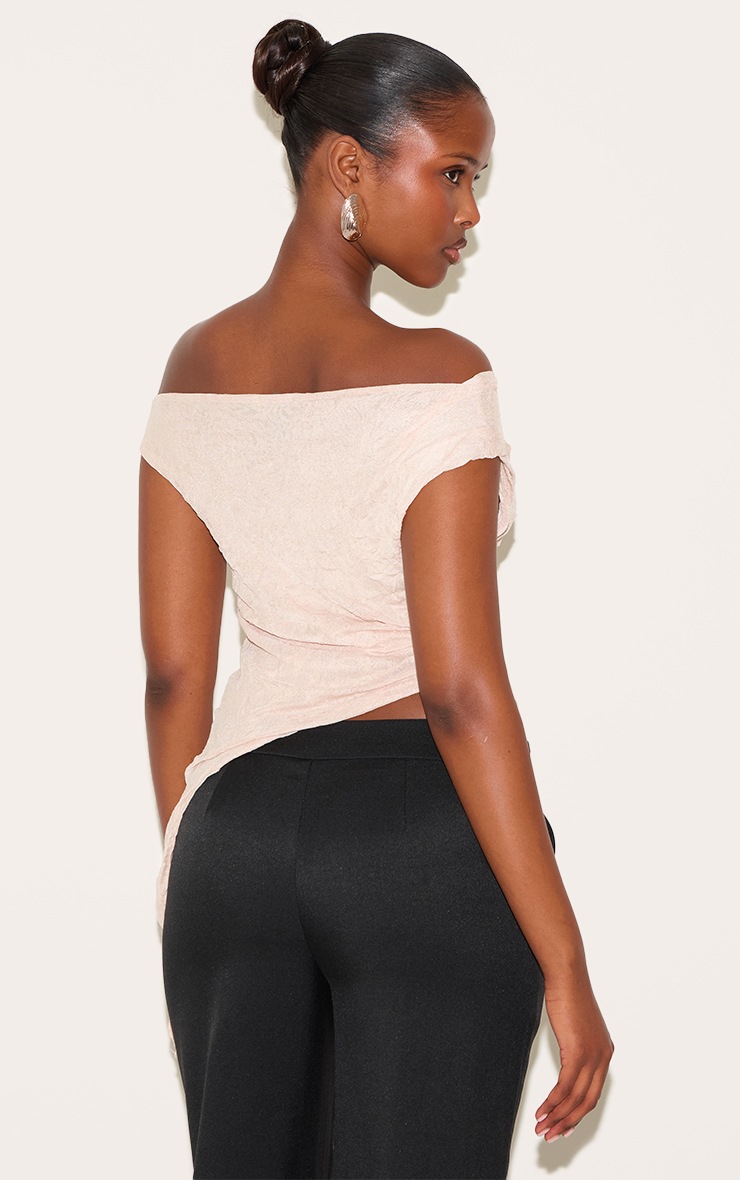 Almond Crinkle Mesh Asymmetric Neck Top | Tops | PrettyLittleThing