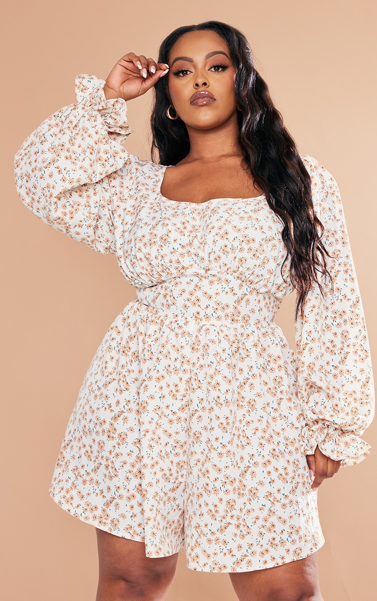 Plus Cream Floral Puff Sleeve Playsuit | PrettyLittleThing CA