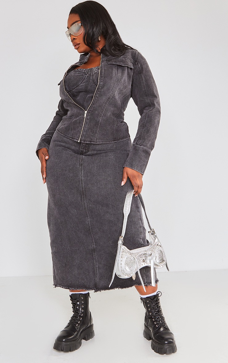 Plus Washed Black Zip Up Fitted Denim Jacket | Plus Size ...