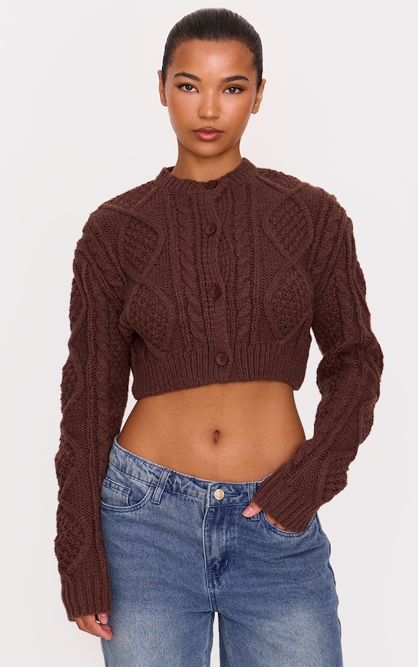 Chocolate Chunky Cable Knit Extreme Crop Cardigan | Knitwear ...