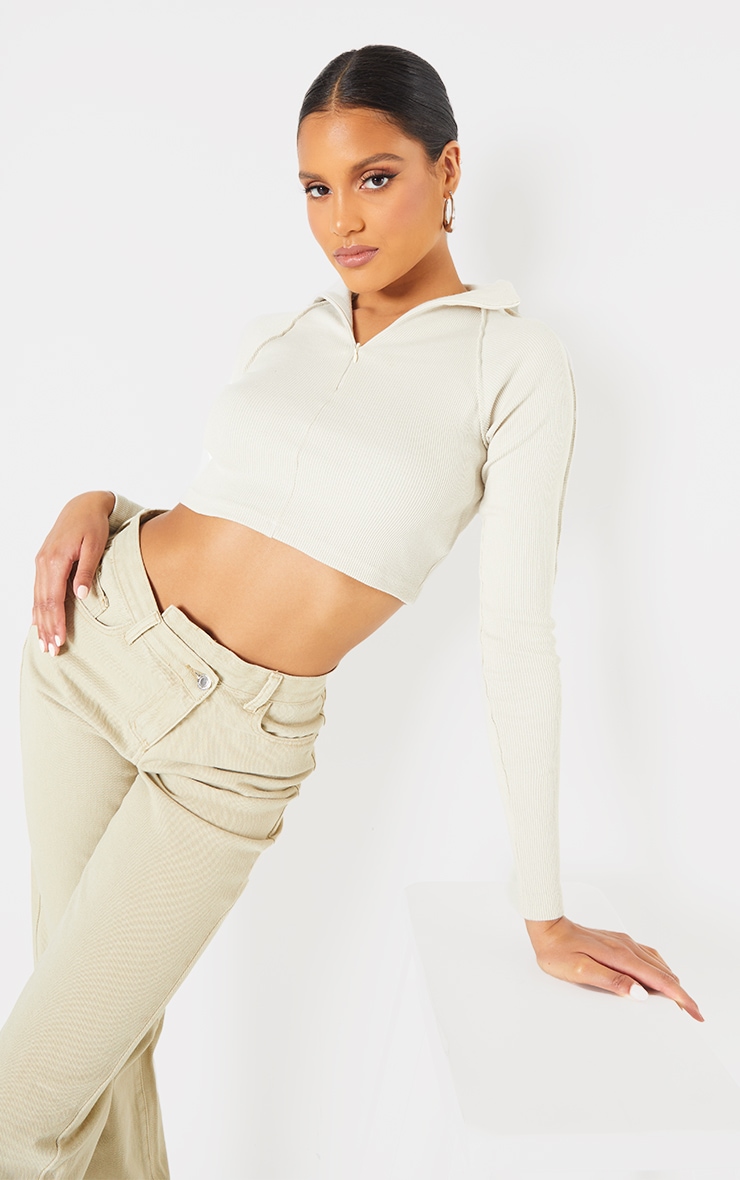 Cream Rib Zip Up Collar Crop Top | Tops | PrettyLittleThing AUS