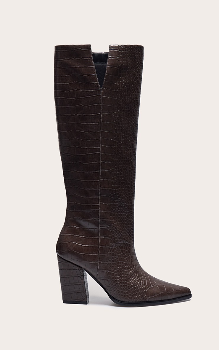 Chocolate Croc Block Heeled Knee High Boots | Footwear | PLT