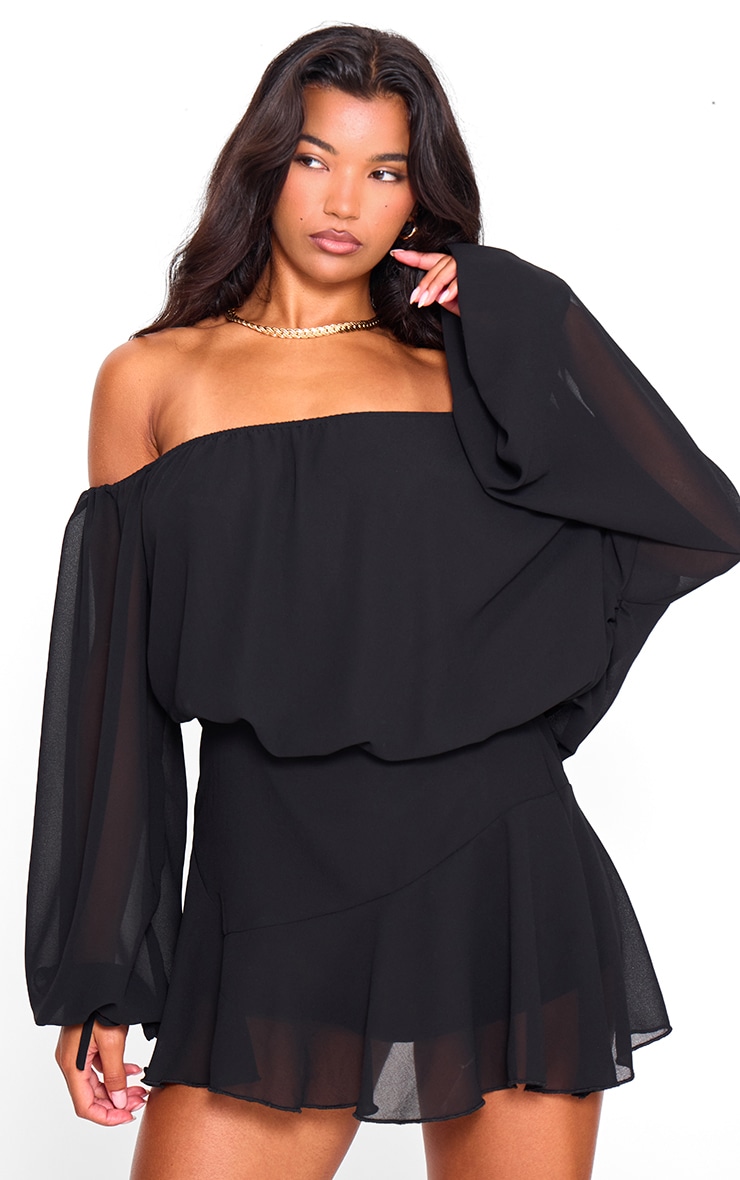 Black Chiffon One Shoulder Floaty Skort Romper | Jumpsuits & Rompers ...
