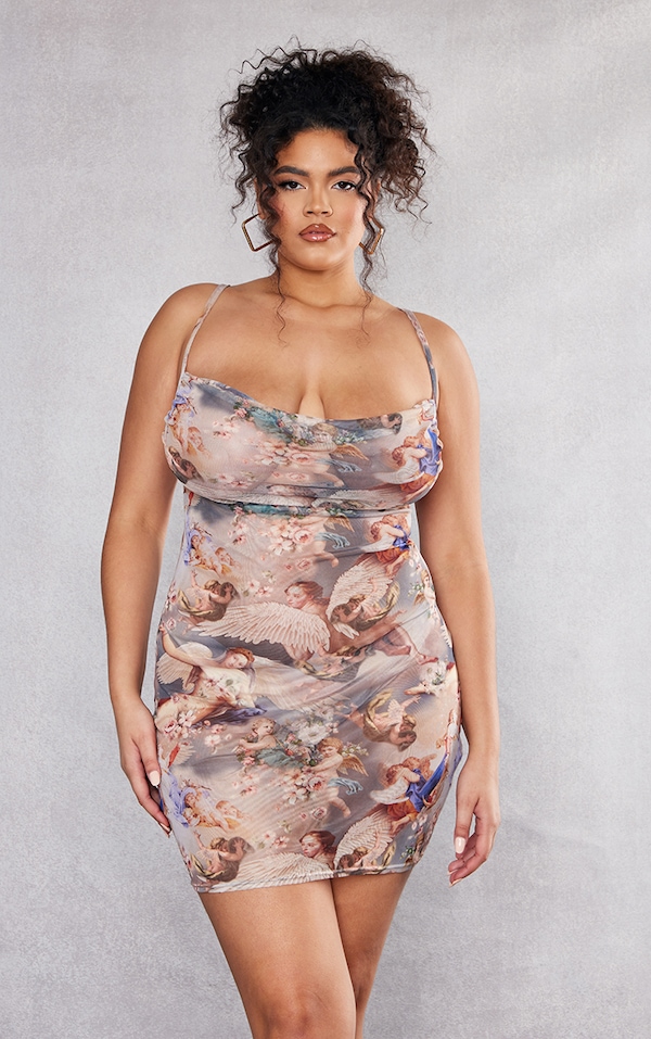 Plus Multi Renaissance Cowl Neck Bodycon Dress | PrettyLittleThing AUS