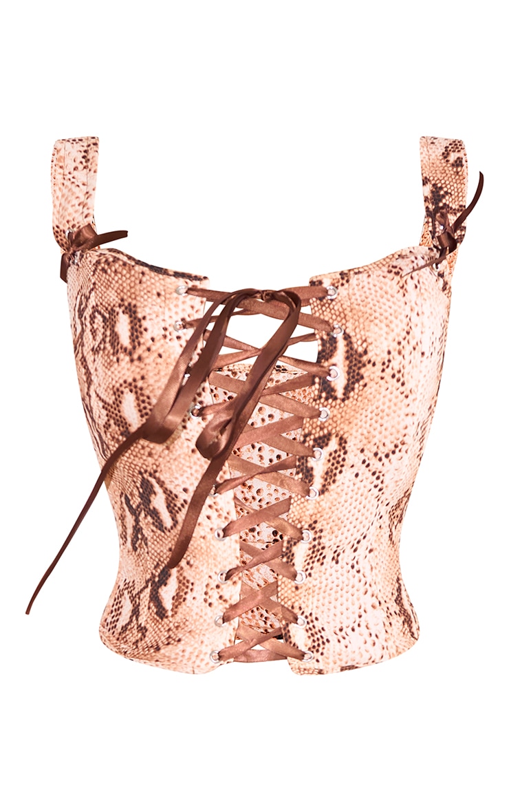 Nude Snake Woven Lace Up Corset | Tops | PrettyLittleThing QA