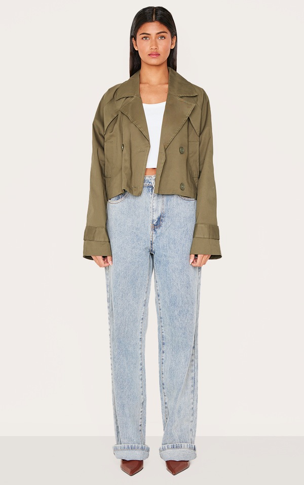 Khaki Cropped Storm Flap Detail Trench Coat | Outerwear ...