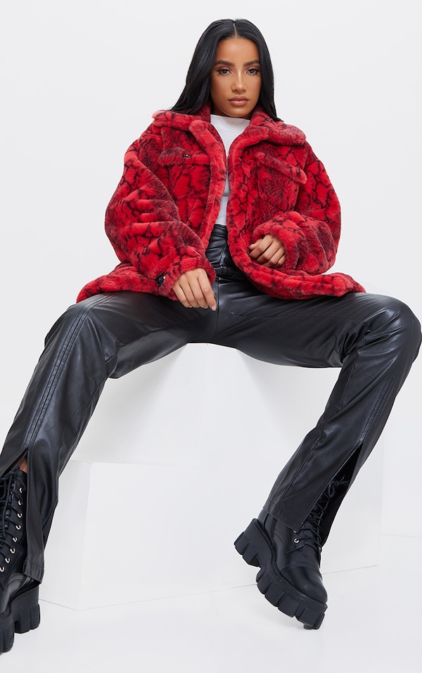 Red Snake Print Faux Fur Coat | Outerwear | PLT
