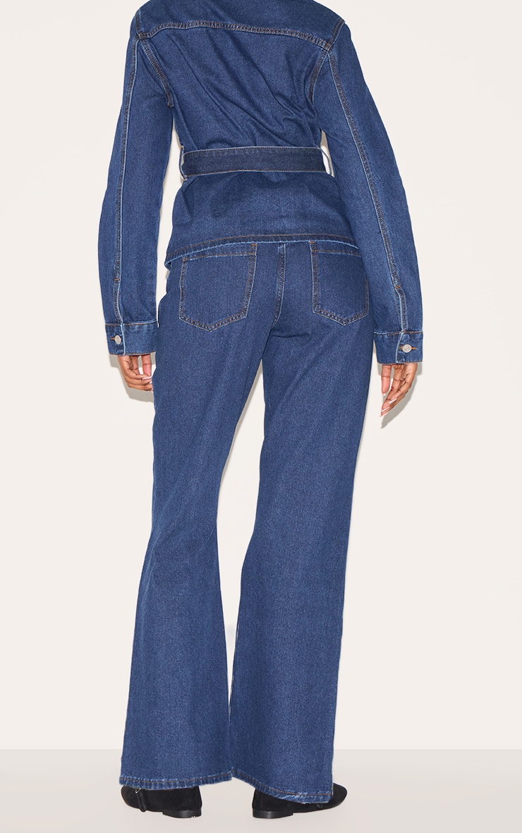 Dark Blue Mid Waist Contrast Stitch Flared Jeans | Denim | PLT USA