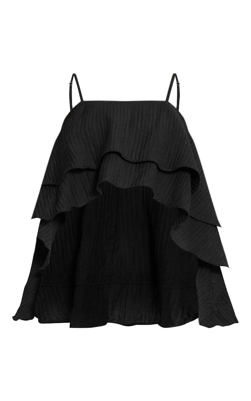 Black Textured Woven Floaty Cropped Front Top | Tops | PLT