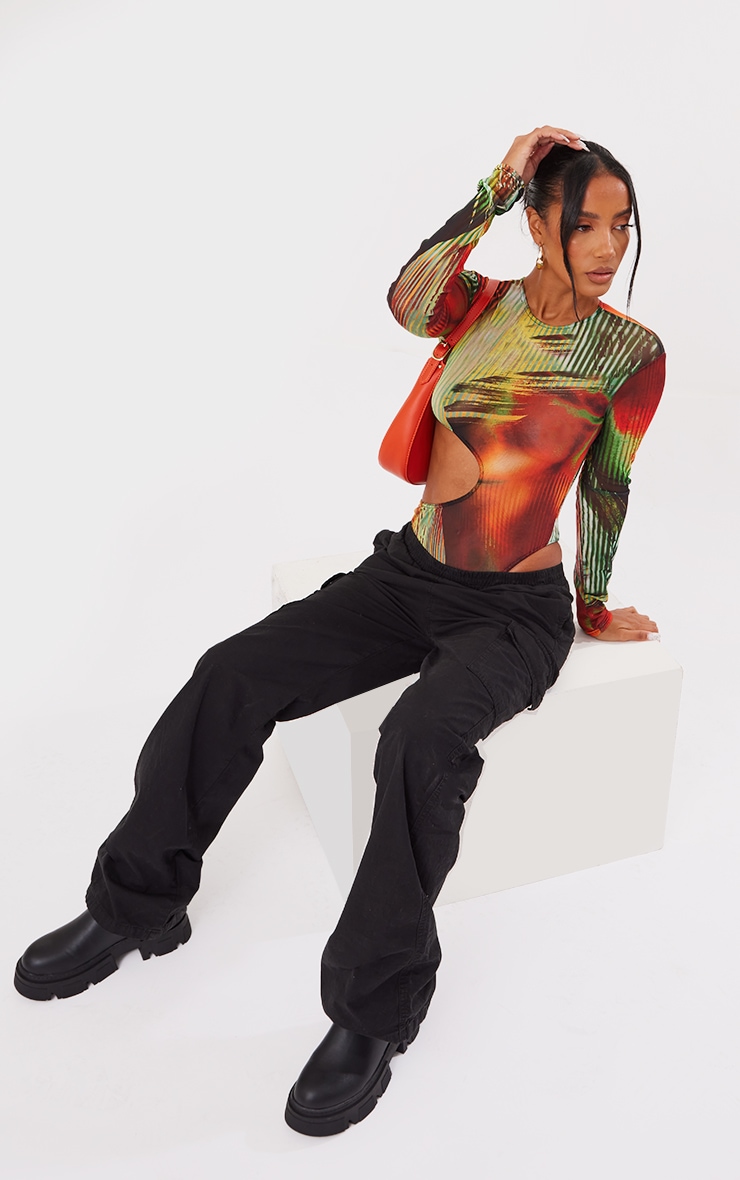 Red Abstract Print Mesh Cut Out Bodysuit | PrettyLittleThing USA