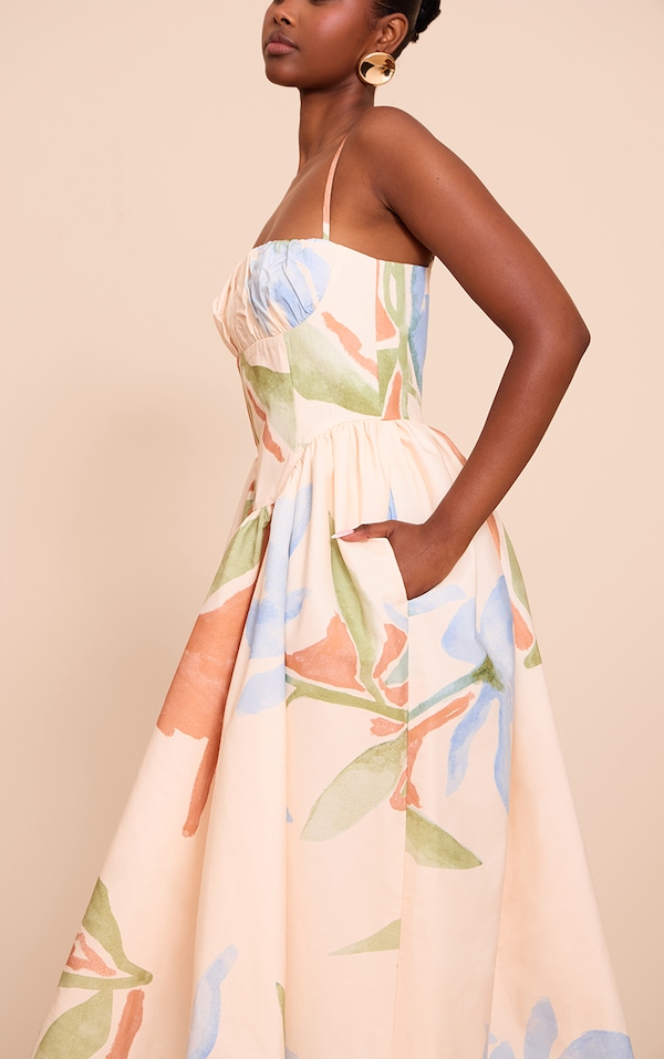 Blue Abstract Floral Bust Corset Strappy Dress | Dresses | PLT USA