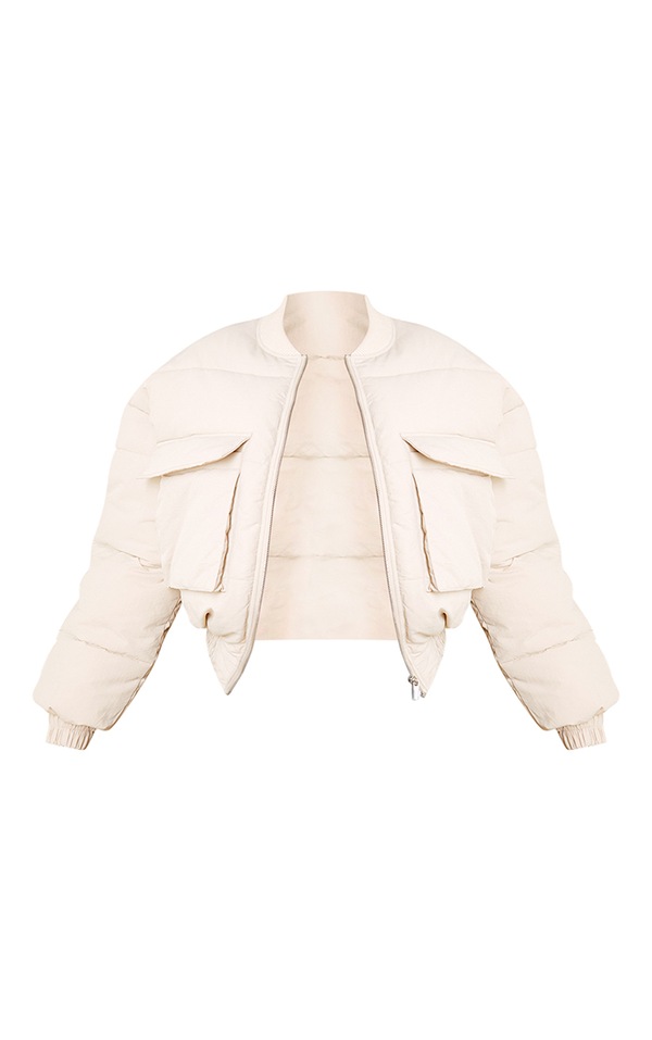 Cream Nylon Pocket Front Sleeve Bomber Jacket | Outerwear | PLT