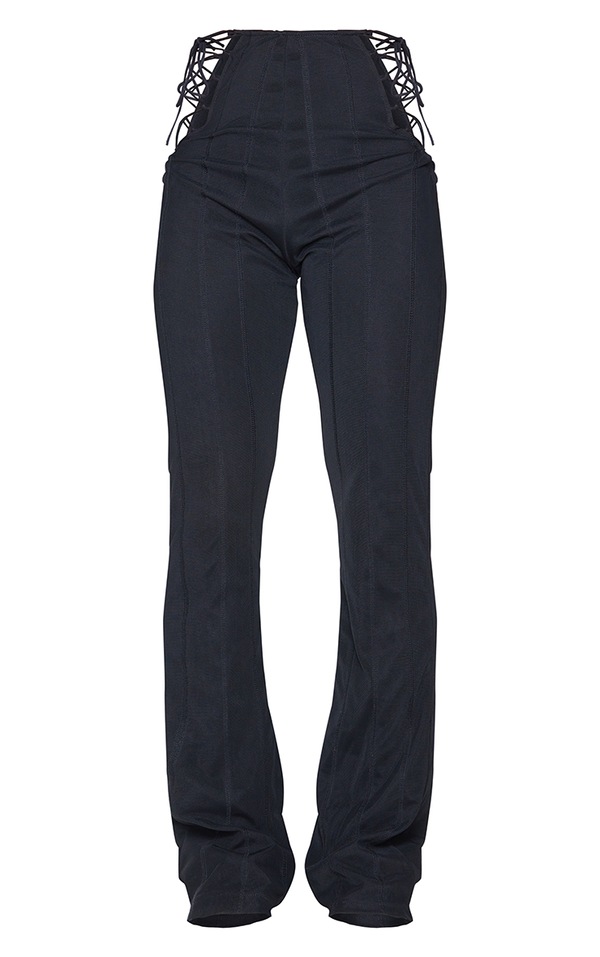 Black Mesh Lace Up Detail Skinny Flares | Co-ords | PLT