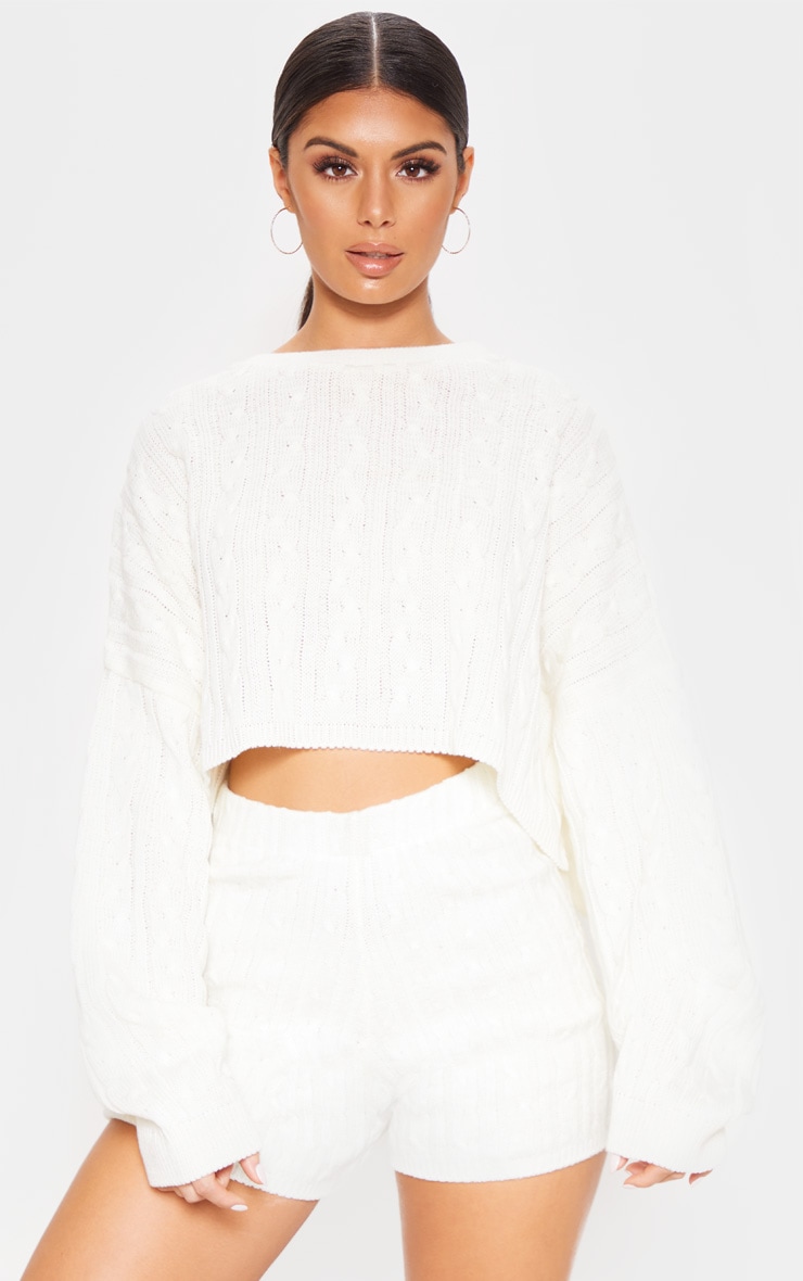 Cream Over Sized Crop Knit Jumper | Knitwear | PrettyLittleThing AUS
