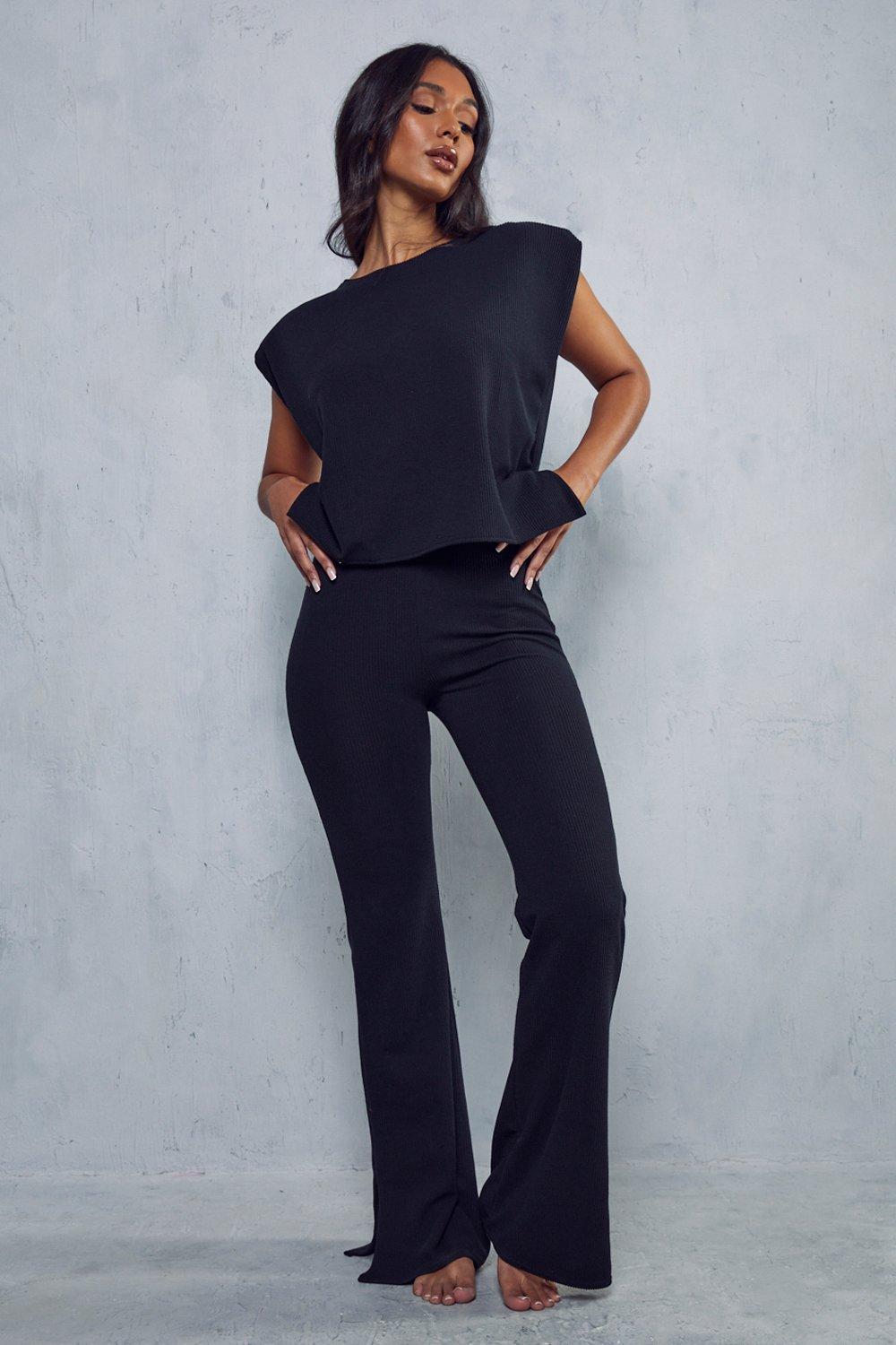 MissPap Black Ribbed Boxy Side Split Top & Flare Trouser Lounge Set | PLT