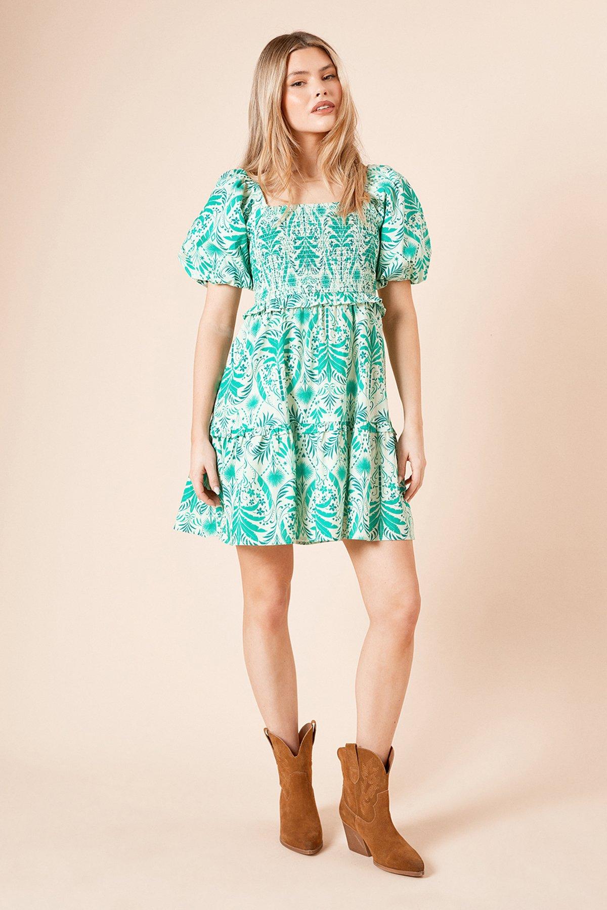 Dorothy Perkins Green Green Palm Shirred Bodice Mini Dress | PLT