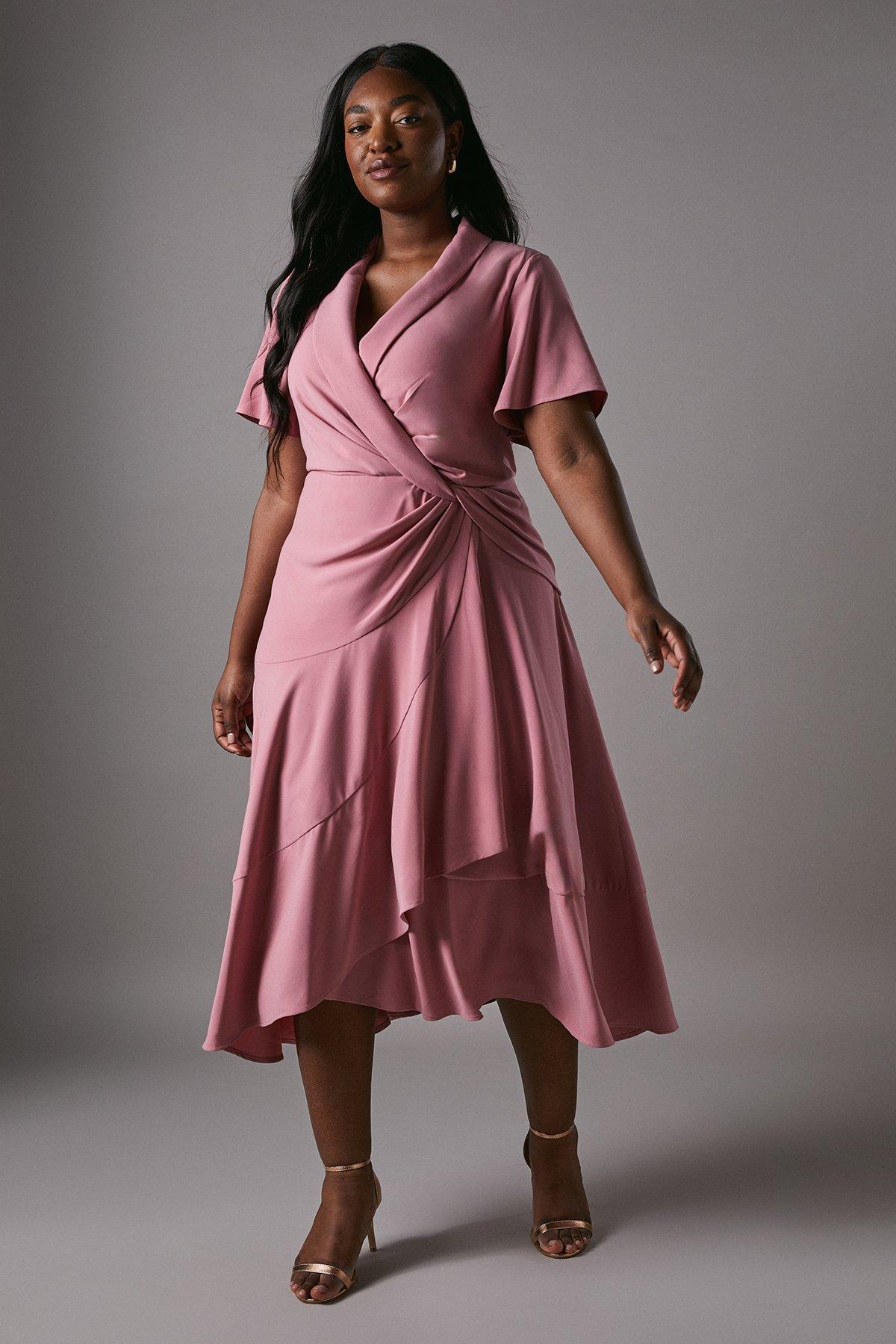 Coast Blush Plus Shawl Collar Ruffle Hem Midi Dress With Fluted Sleeve ...