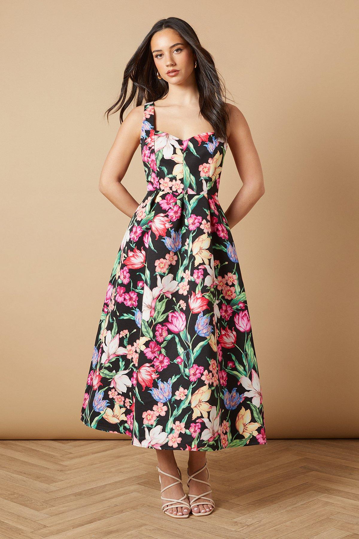 Oasis Black Occasion Floral Strappy Twill Midi Dress | PrettyLittleThing