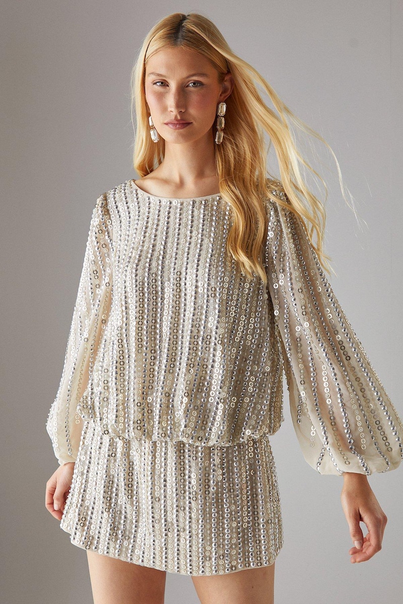 Warehouse Silver Hen Hand Embellished Sequin Slash Neck Blouson Mini ...
