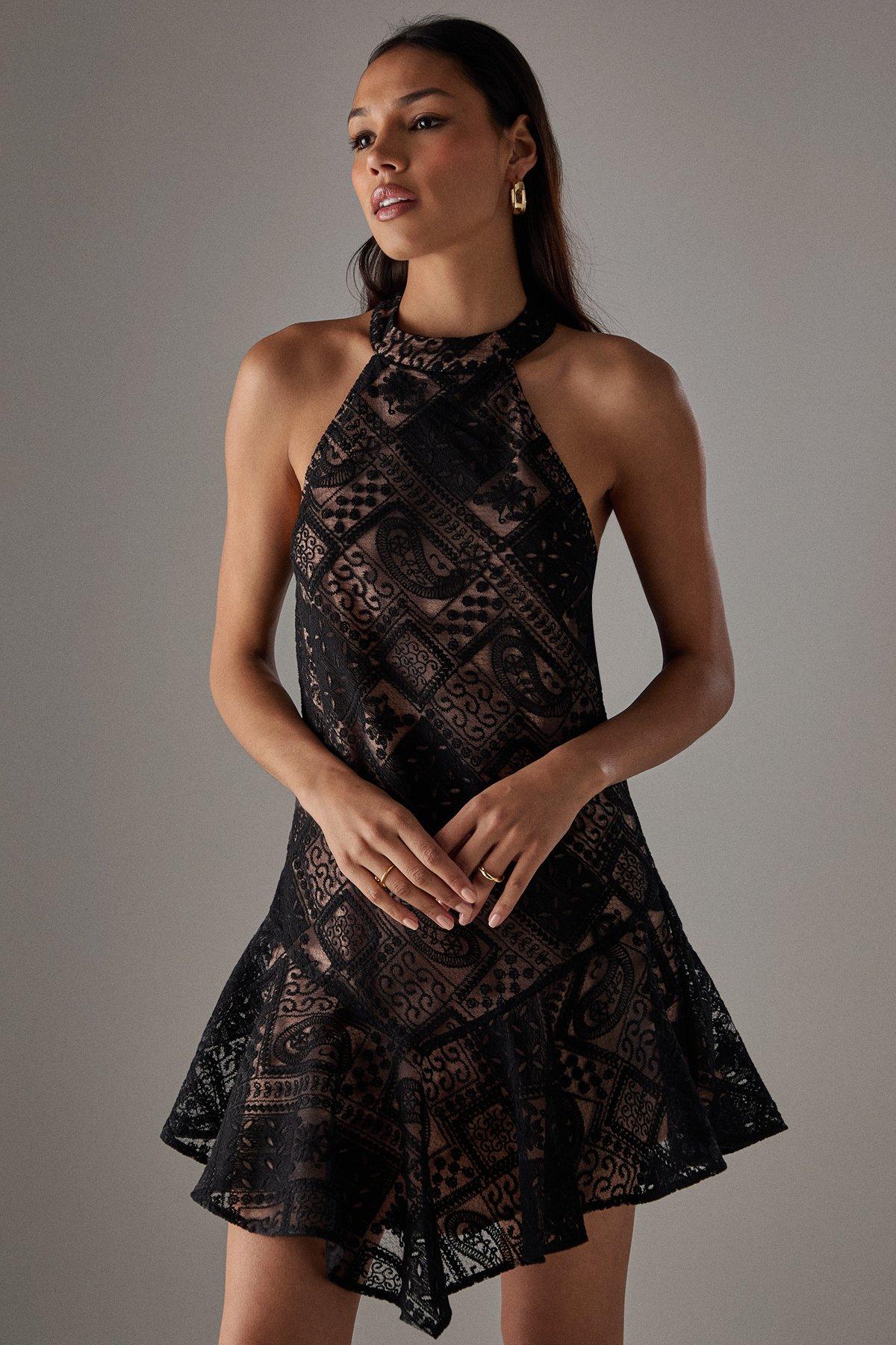 Warehouse Black Crochet Halter Mini Flippy Dress | PrettyLittleThing