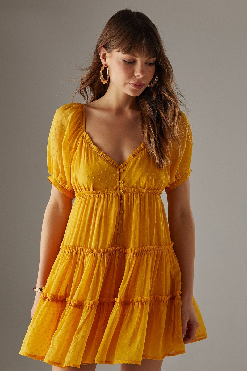 Warehouse Yellow Dobby Chiffon Button Mini Smock Dress | PLT