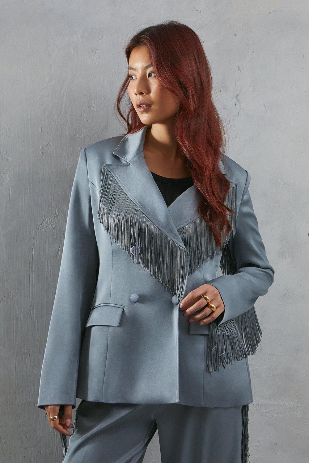 Warehouse Gun Metal Premium Satin Fringe Double Breasted Blazer | PLT