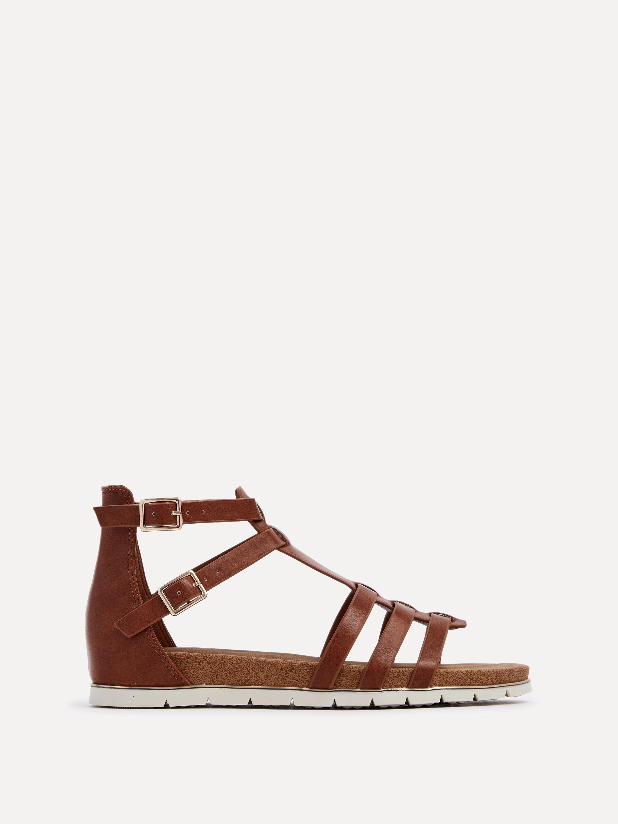 Linzi Brown Tour Tan Faux Leather Gladiator Style T Bar Sandals | PLT