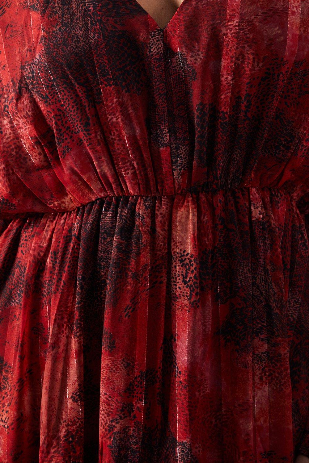 Warehouse Red Shadow Stripe Chiffon Plunge Neck Tier Midi Dress ...