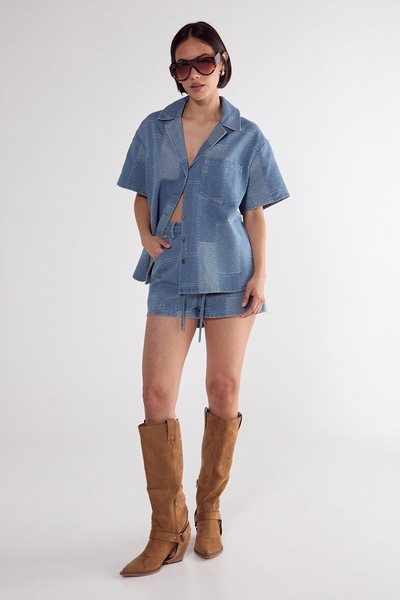 NastyGal Mid Blue Denim Patchwork Contrast Stitch Resort Shirt | PrettyLittleThing