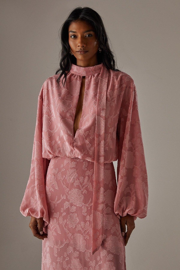 Warehouse Pink Chiffon Jacquard High Neck Slash Front Blouse ...