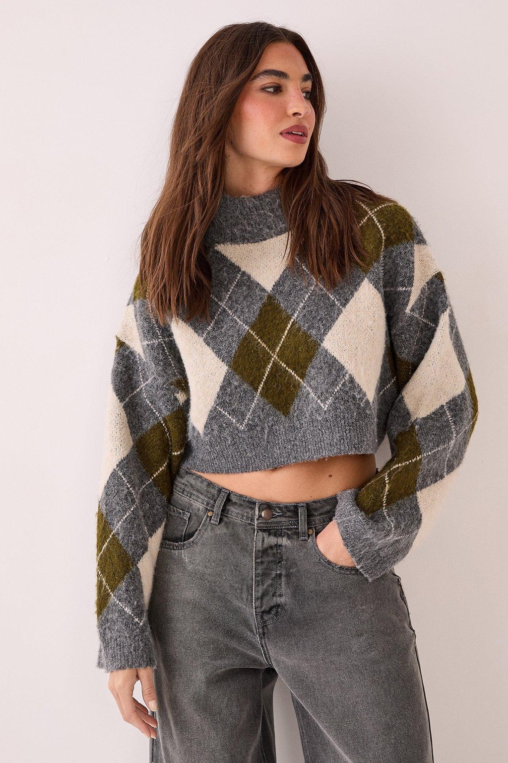 NastyGal Grey Brushed Argyle Turtleneck Boxy Cropped Jumper ...