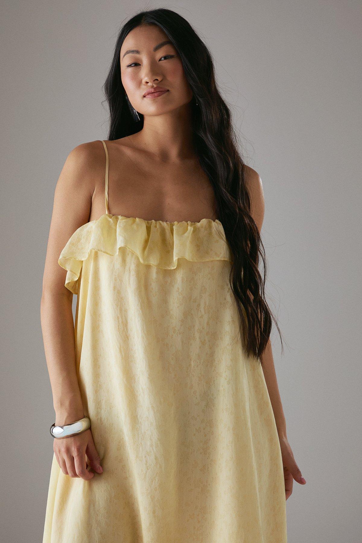 Warehouse Yellow Petite Rose Organza Strappy Frill Midi Sundress ...