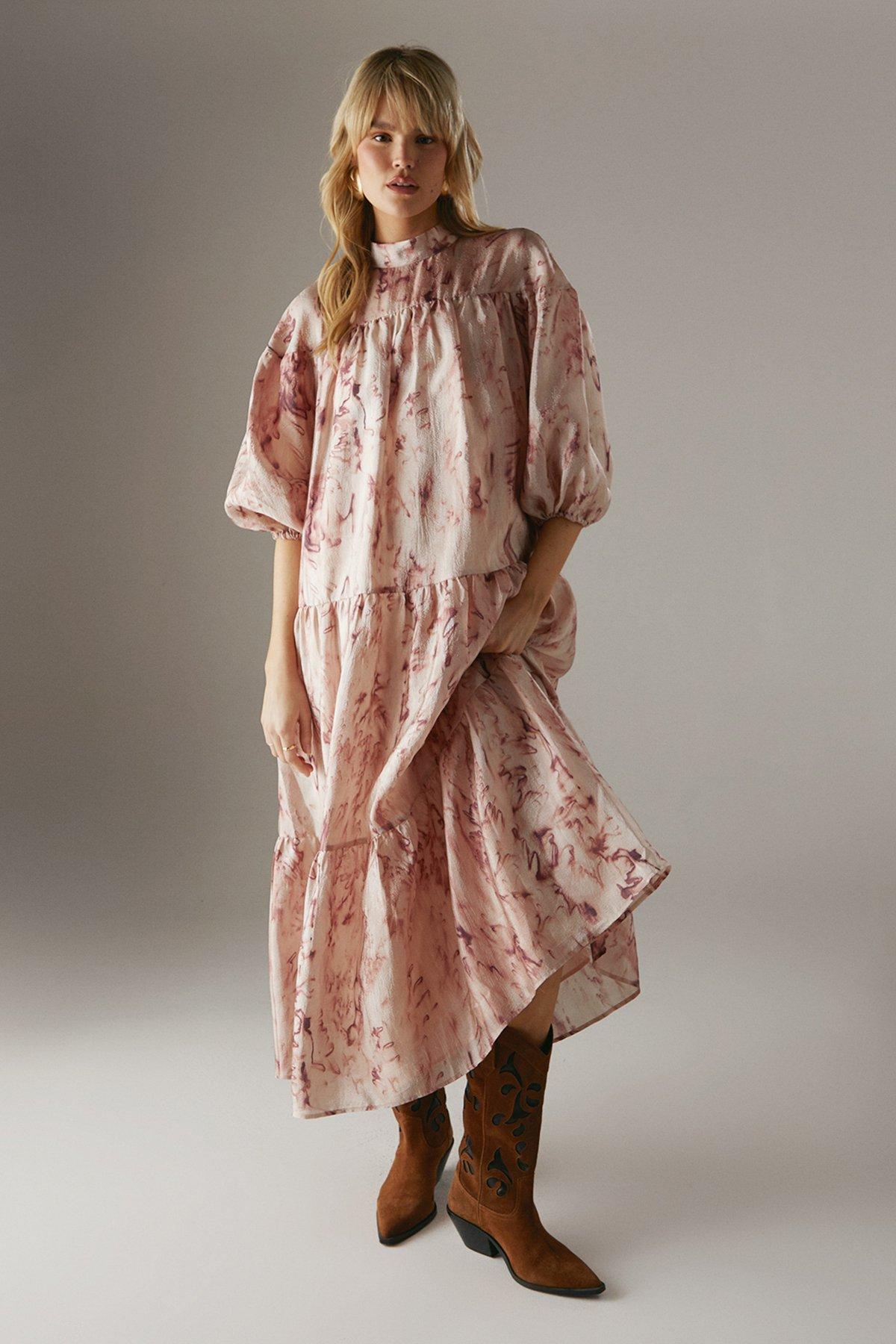 Warehouse Beige Organza High Neck Tier Midi Smock Dress | PLT