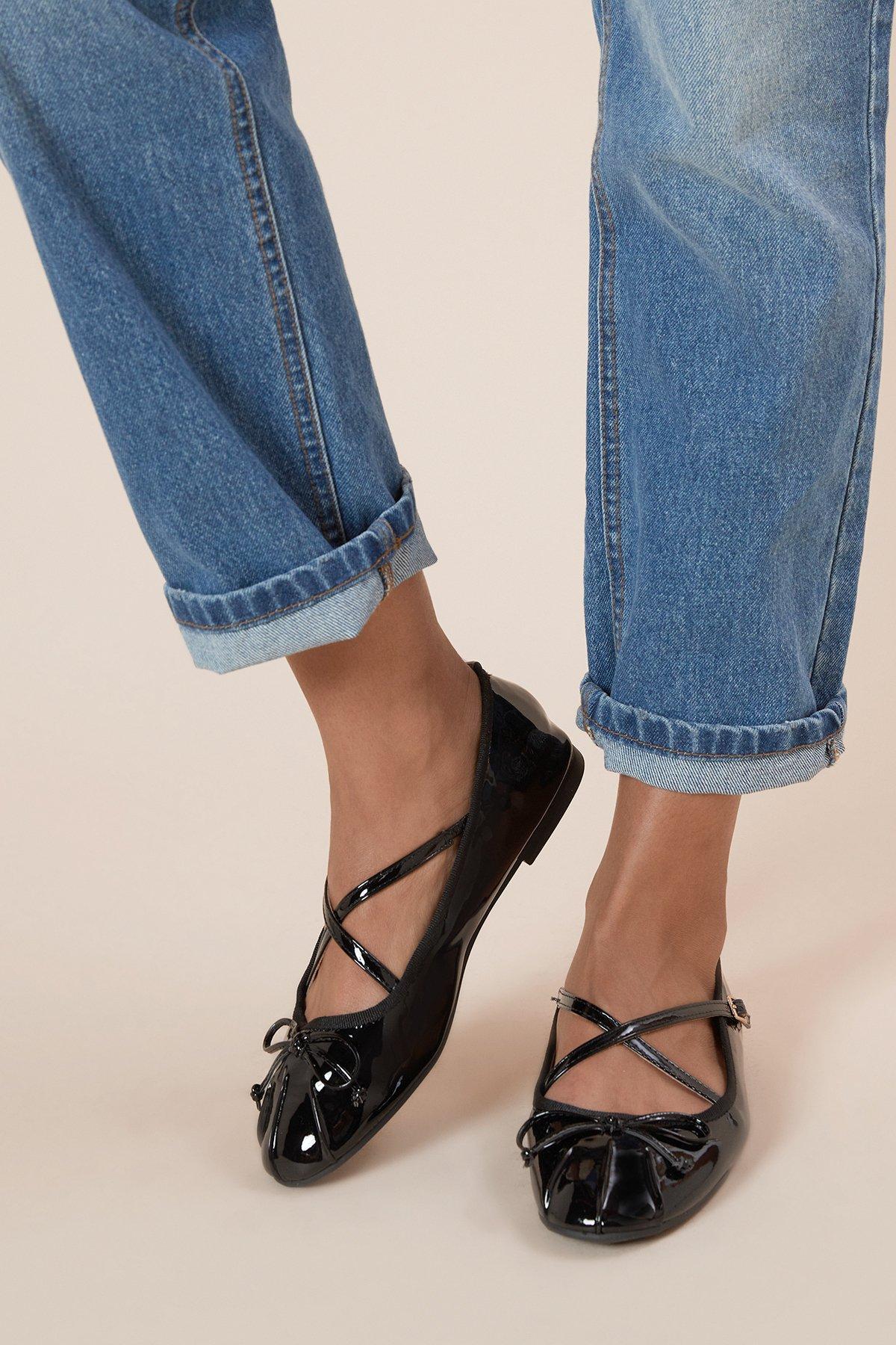 Dorothy Perkins True Black Talitha Faux Patent Leather Cross Strap Bow ...