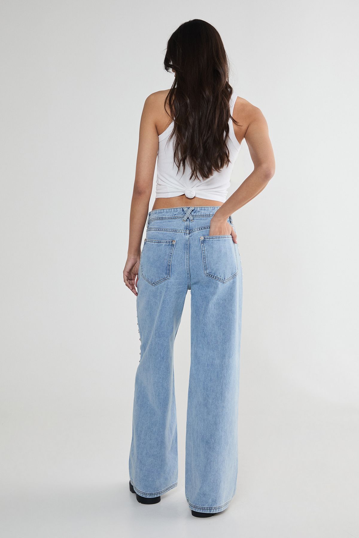 NastyGal Vintage Wash Studded Straight Leg Denim Jeans | PLT