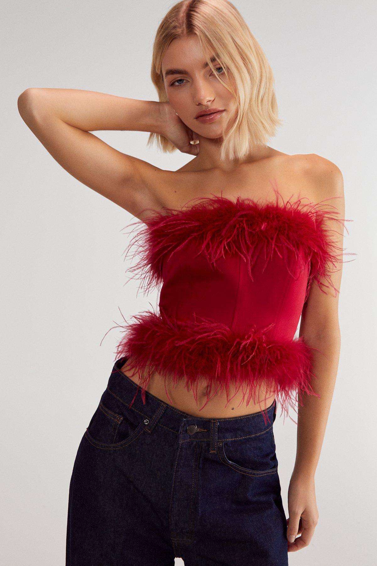 NastyGal Red Satin Boned Feather Corset | PrettyLittleThing