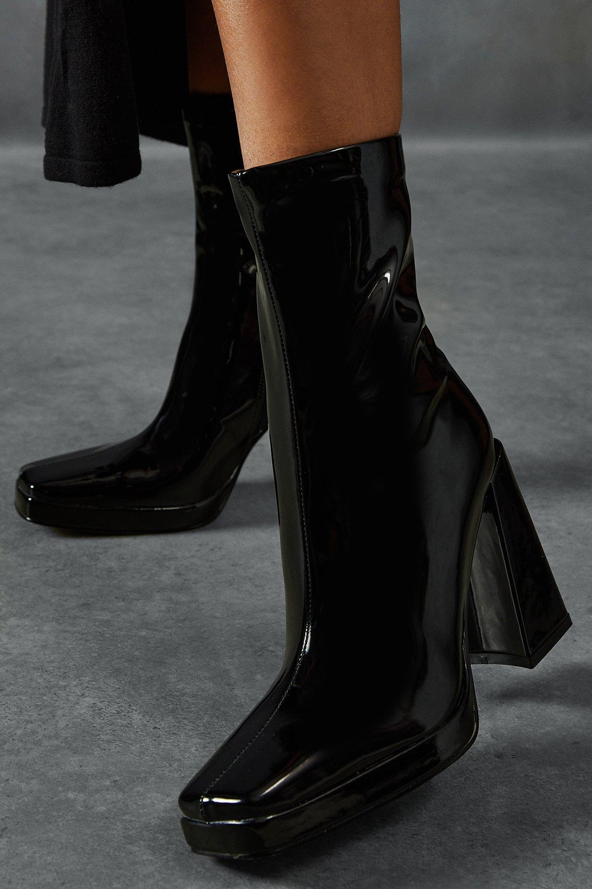 MissPap Black Patent Block Heel Ankle Boots | PLT