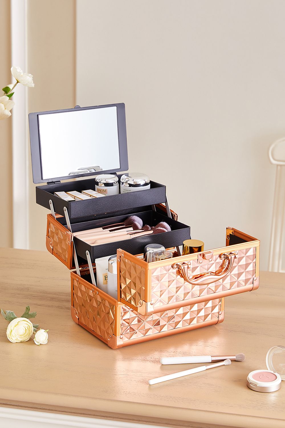 SHEONLY Gold Rose Gold Cosmetic Box 2 Trays With Mirror Professional ...
