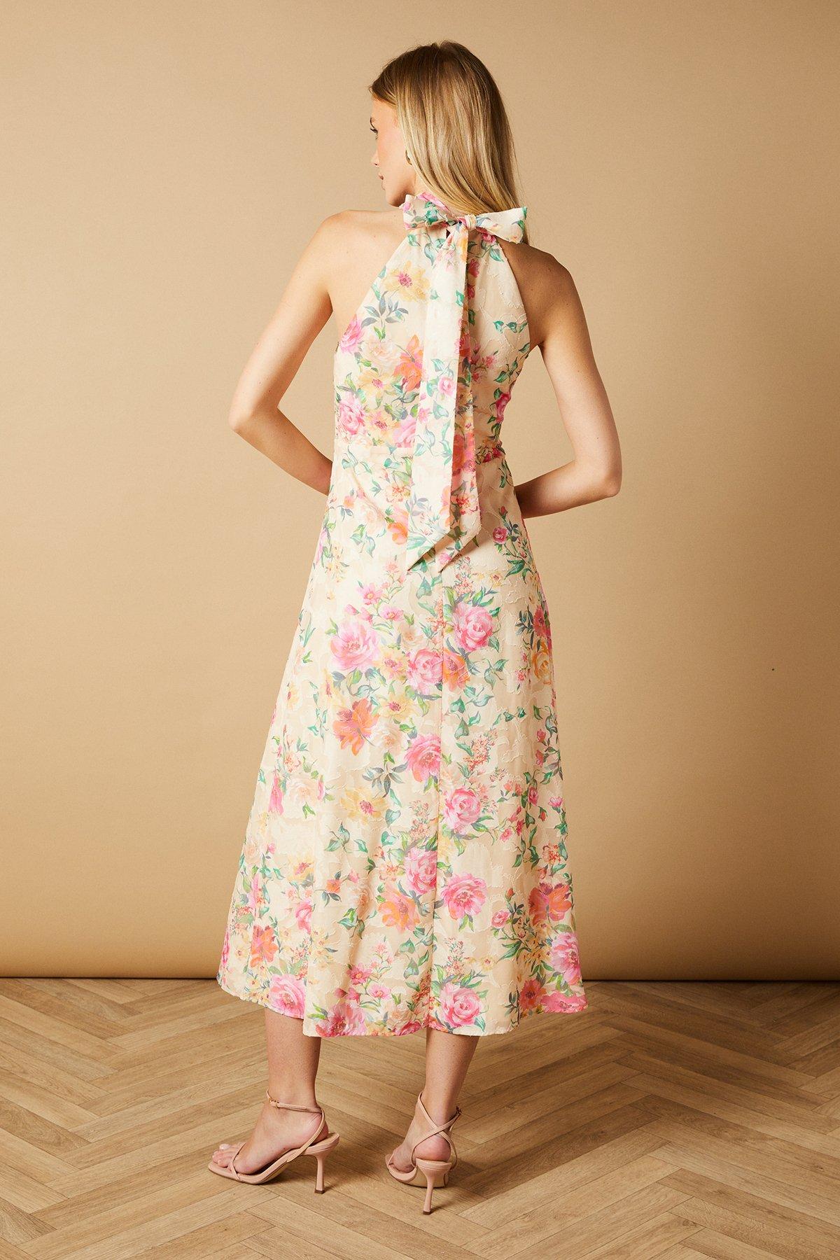 Oasis Cream Occasion Floral Halterneck Jacquard Midi Dress | PrettyLittleThing