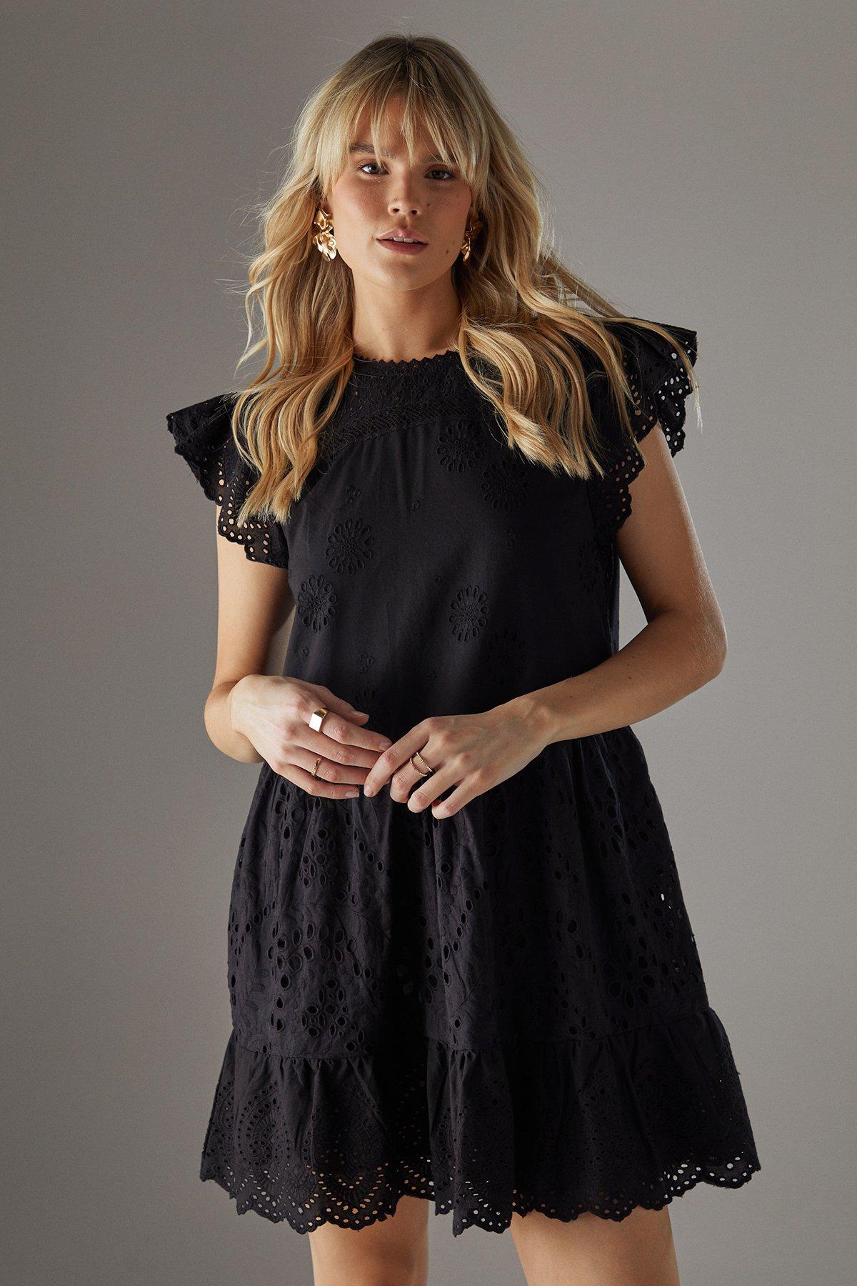 Warehouse Black Broderie Mix Tier Mini Smock Dress | PrettyLittleThing