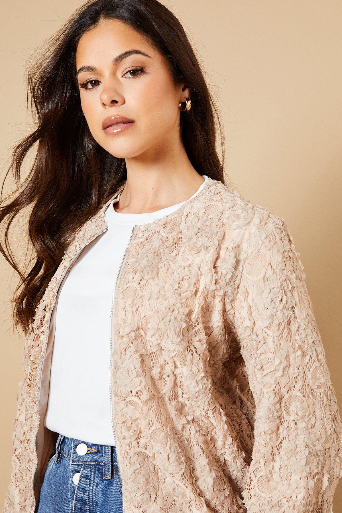 Oasis Mocha 3D Floral Lace Bomber Jacket | PrettyLittleThing