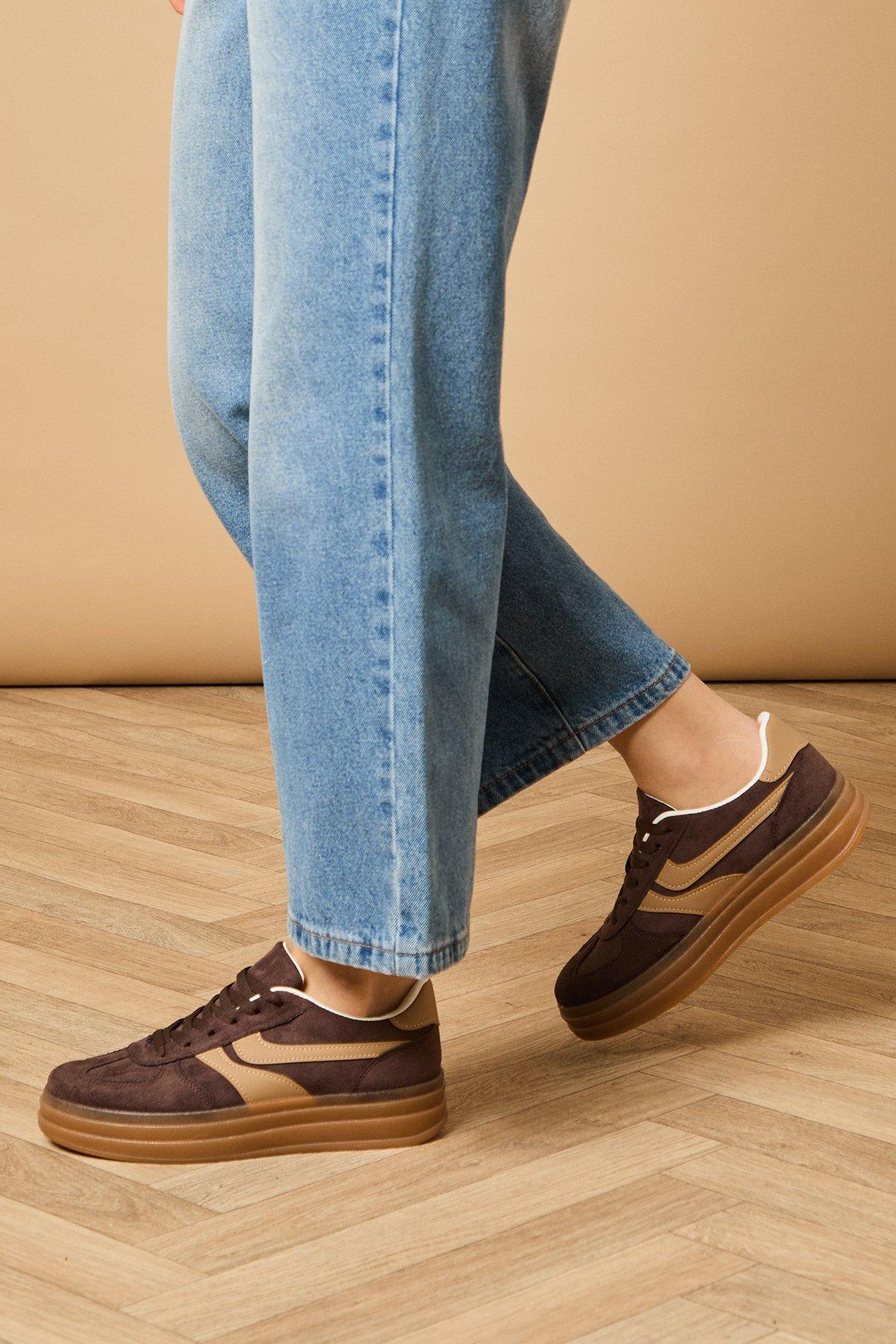 Oasis Chocolate Boomer Faux Suede Platform Contrast Stripes Lace Up ...