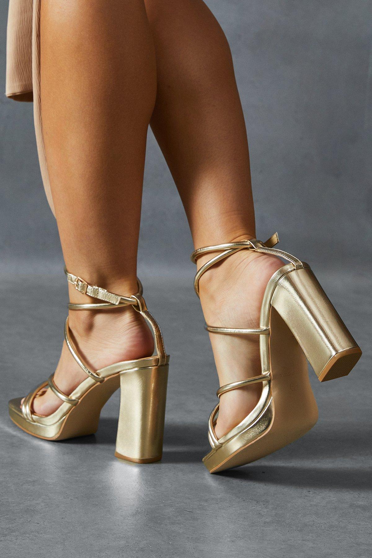 MissPap Gold Metallic Strappy Block Heels | PrettyLittleThing