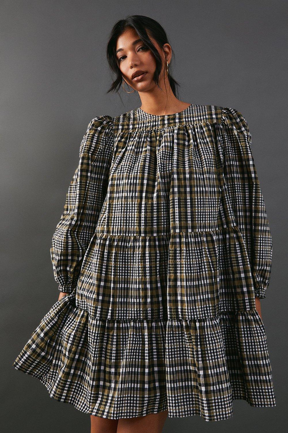 Warehouse Khaki Check Smock Tiered Mini Dress | PLT