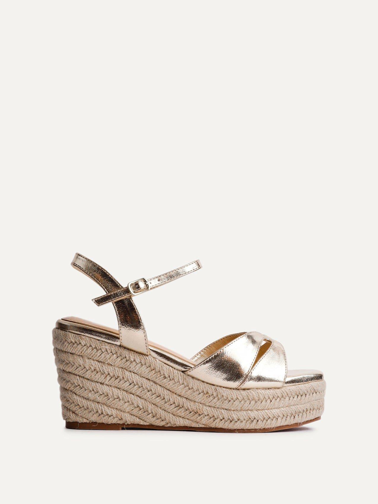 Linzi Gold Sian Wide Fit Gold Faux Leather Linked Design Wedges | PLT