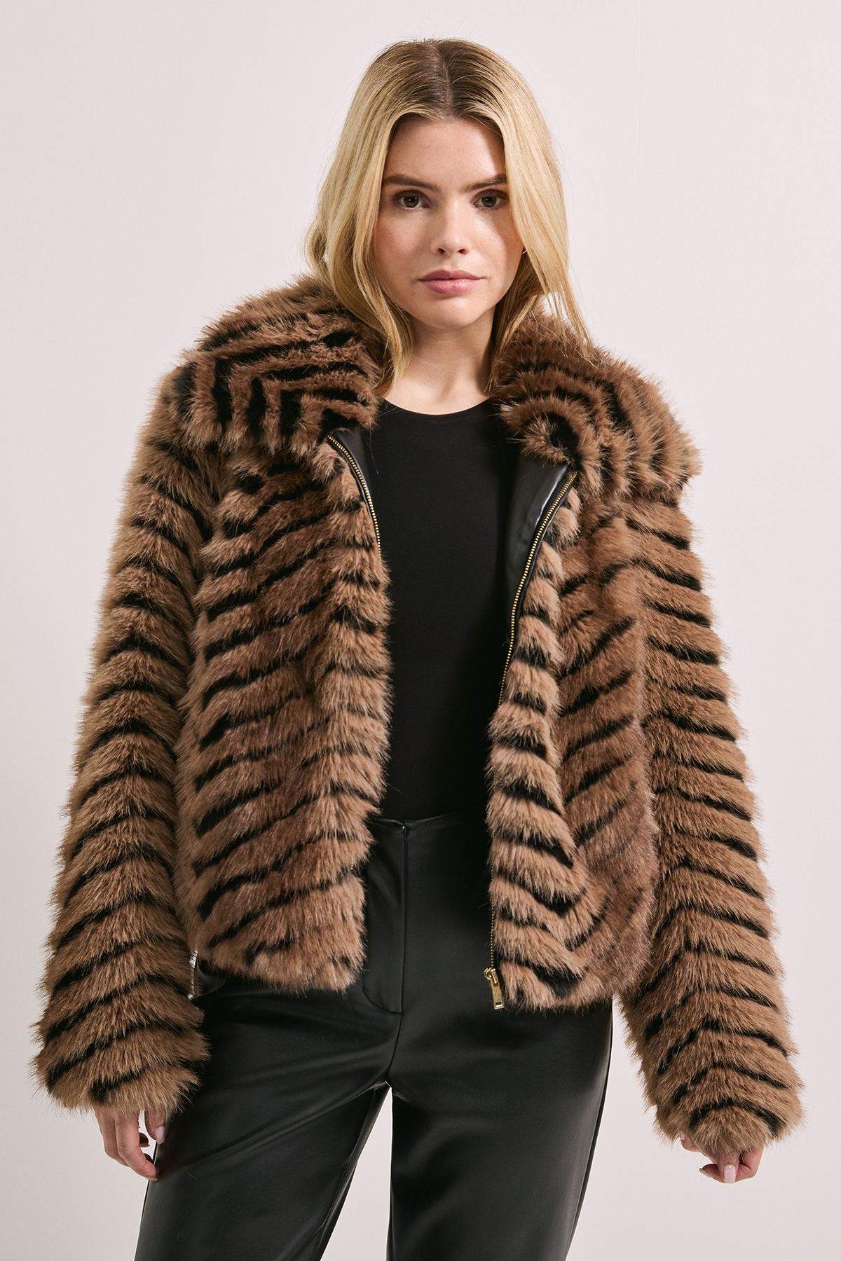 Dorothy Perkins Brown Chevron Fur Jacket | PLT