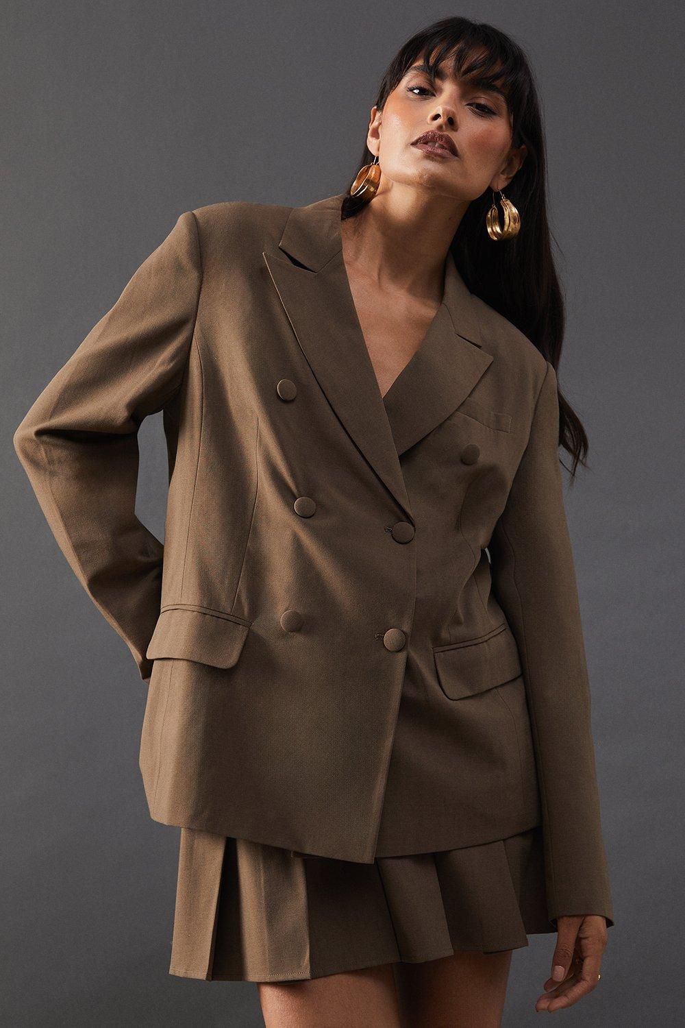 Warehouse Brown Wool Blend Double Breasted Relaxed Blazer | PLT