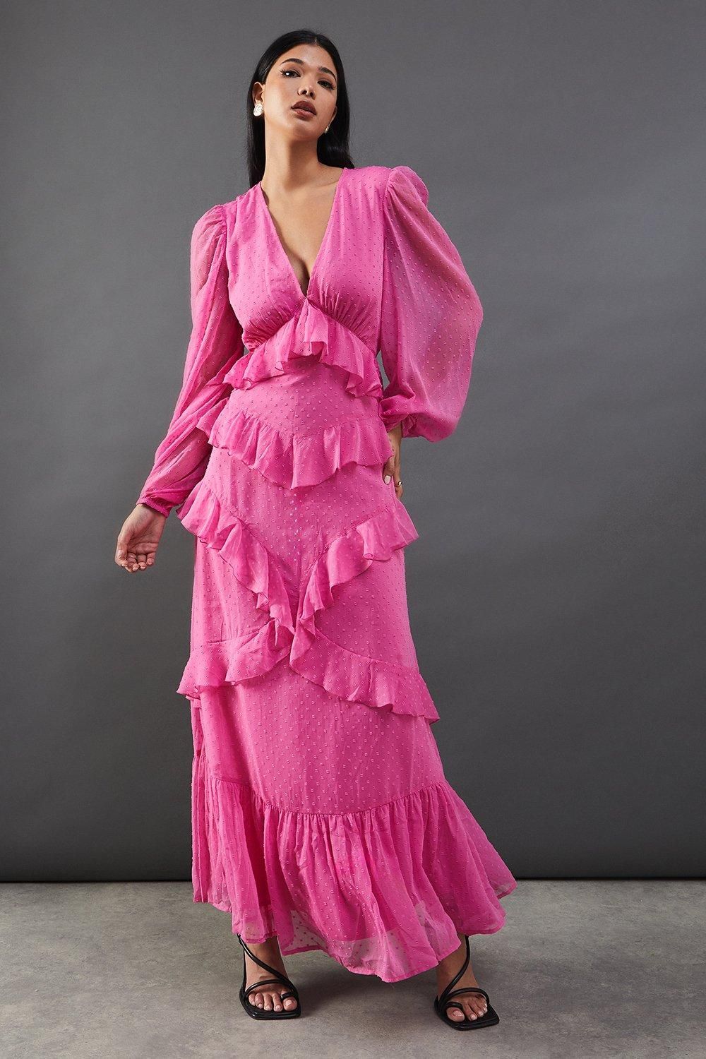 Warehouse Pink Chiffon Plunge Neck Ruffle Detail Volume Sleeve Maxi ...