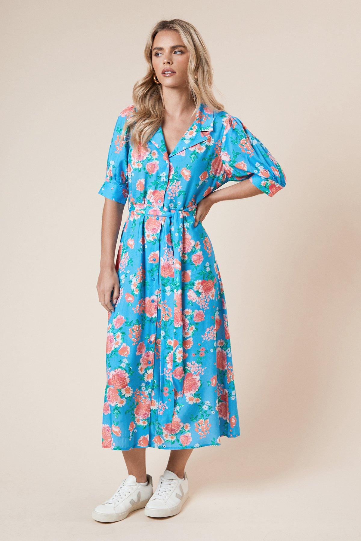 Dorothy Perkins Blue Petite Blue Floral Belted Puff Sleeve Shirt Dress ...